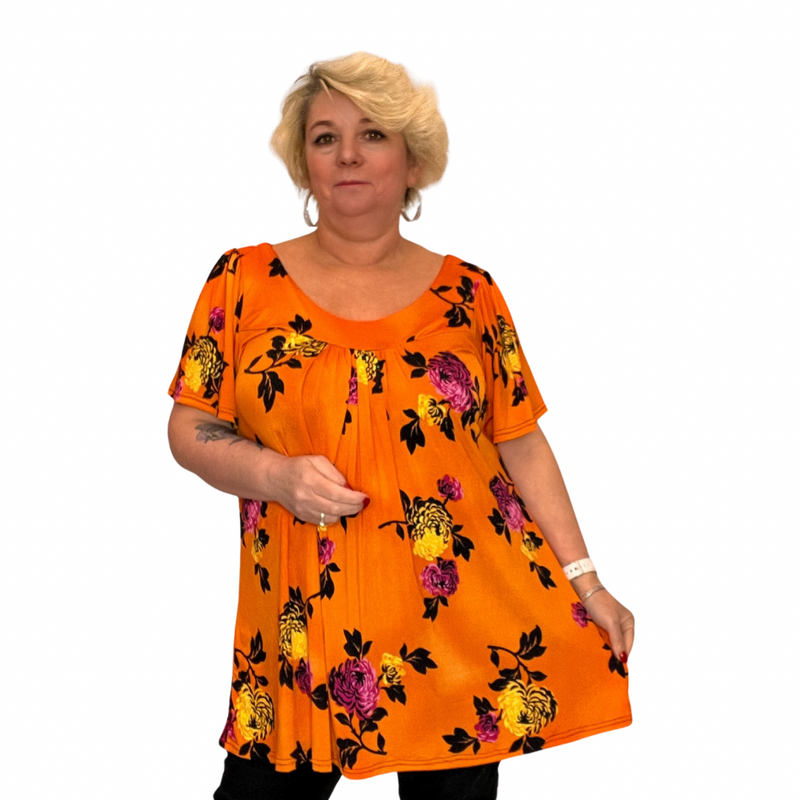 Rockthosecurves Bright Peony Floral Short Sleeve Smock Top A Line