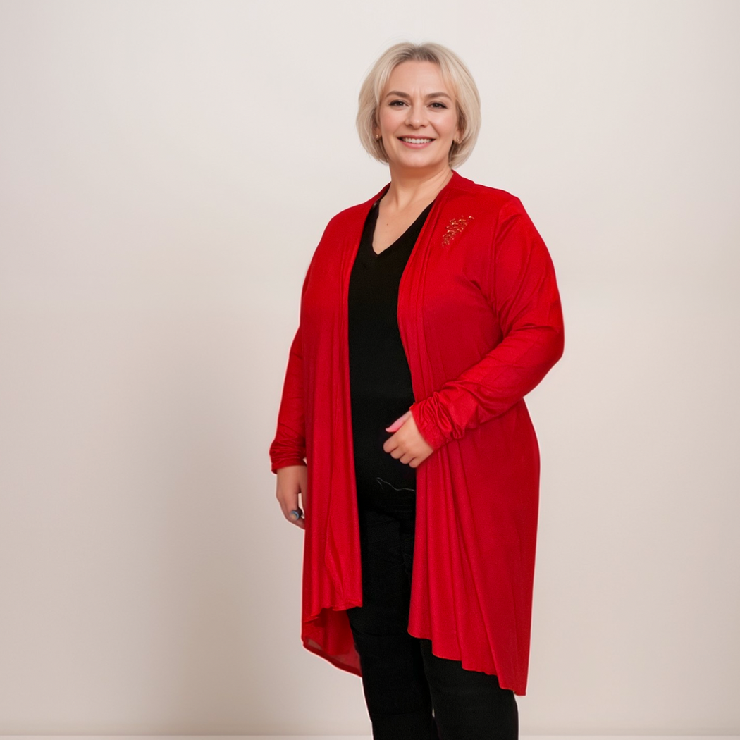 LIMITED EDITION RED WATERFALL CARDIGAN WITH HEARTS – rockthosecurves