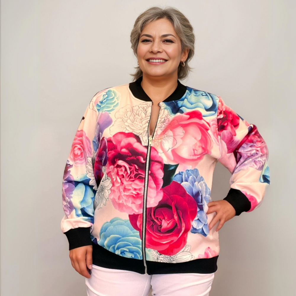 ROCKTHOSECURVES PINK BLUE BOLD ZIP UP BOMBER JACKET – rockthosecurves