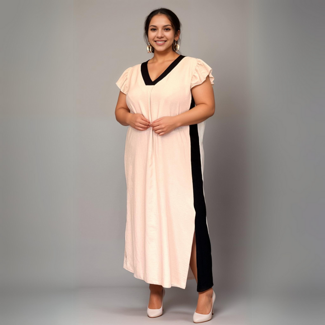 PANEL EDGED FRILLED CAP SLEEVE KAFTAN DRESS – rockthosecurves